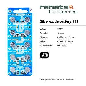 Renata 381 SR1120SW Batteries - 1.55V Silver Oxide 381 Watch Battery (2 Count)