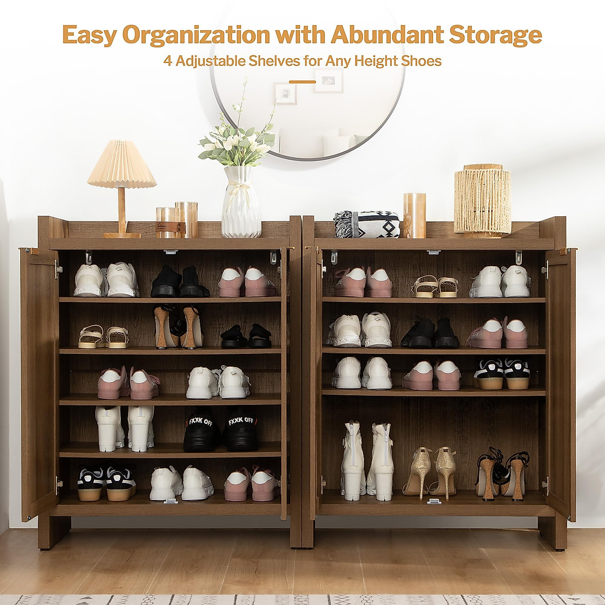 SICOTAS Shoe Cabinet, 24 Pair Shoe Storage Organizer Cabinet, 41" Tall Rattan Shoe Cabinet with Doors and Shelves, 6-Tier Farmhouse Boho Wooden Storage Cabinet for Entryway Hallway Closet