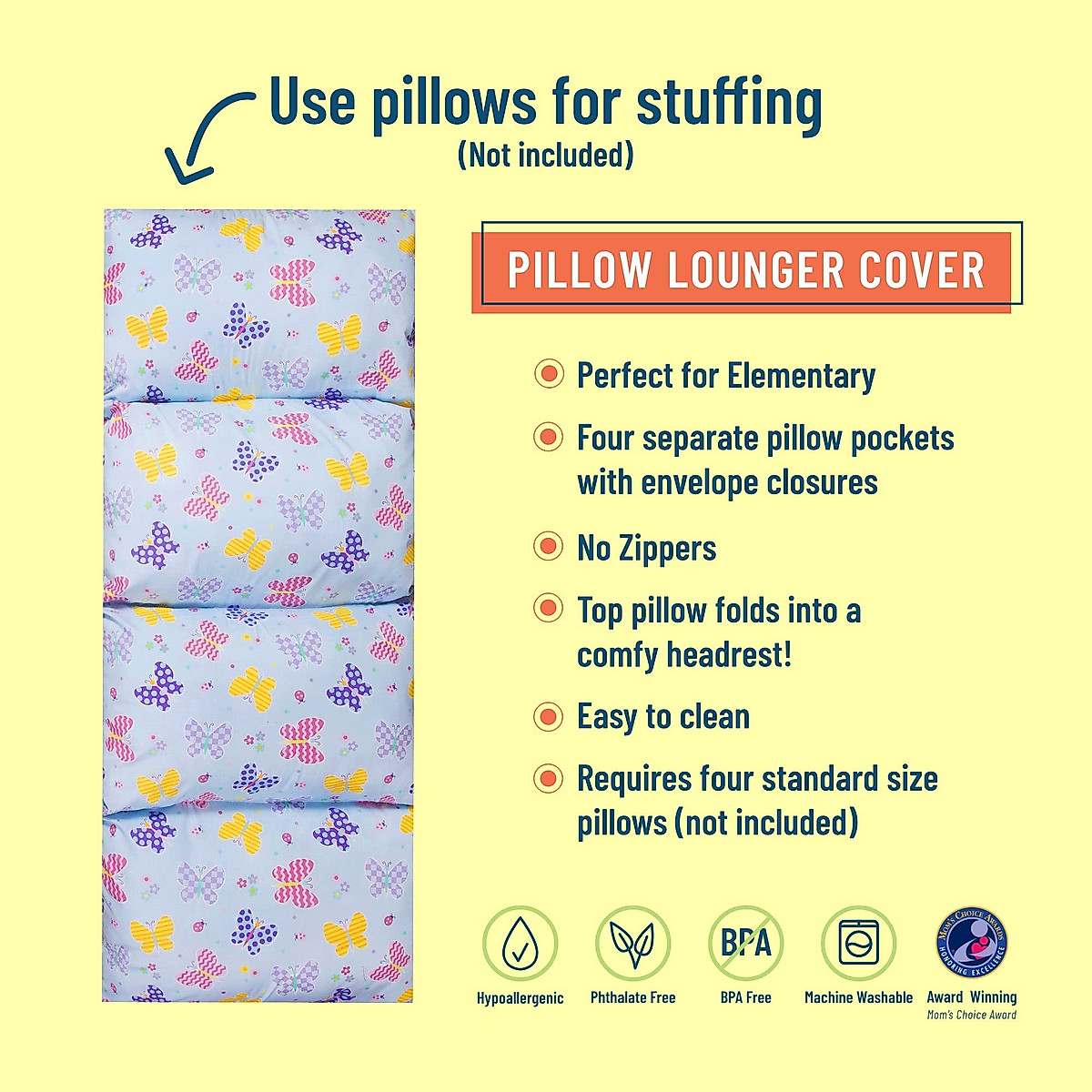 Wildkin Kids Floor Lounger: Ideal for Boys and Girls, Travel-Friendly, Perfect for Sleepovers - Pillow Lounger for Kids, Requires Standard Size Pillows Not Included (Butterfly Garden)