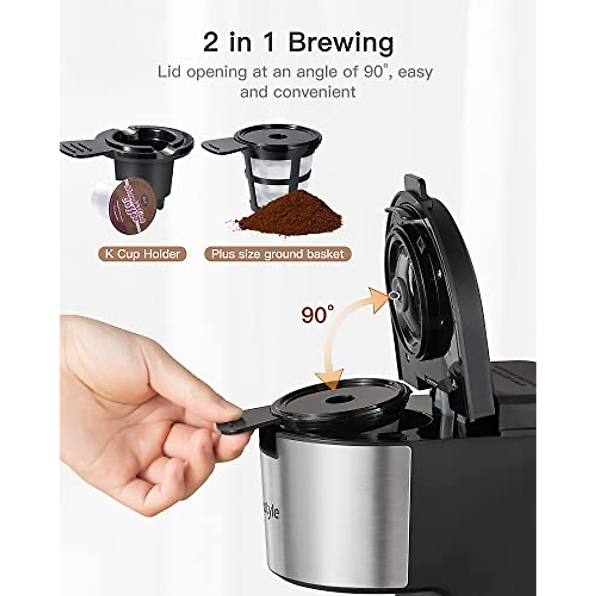 Tastyle Single Serve Coffee Maker for K Cup & Ground Coffee, Regular and Bold Brew Options, Small Coffee Machine Single Cup with Descaling Reminder, Fits Travel Mug, 6 to 14 Oz Brew Size, Black
