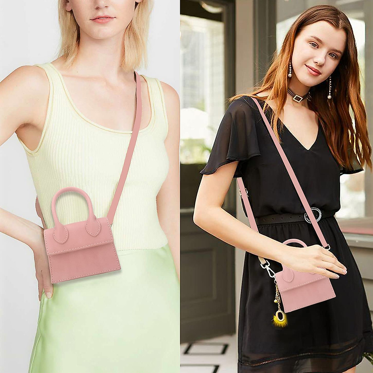 Nodeber Mini Crossbody Bag for Women Girls Synthetic Leather Flap Purse Styling Top-Handle Clutch Handbag Pink