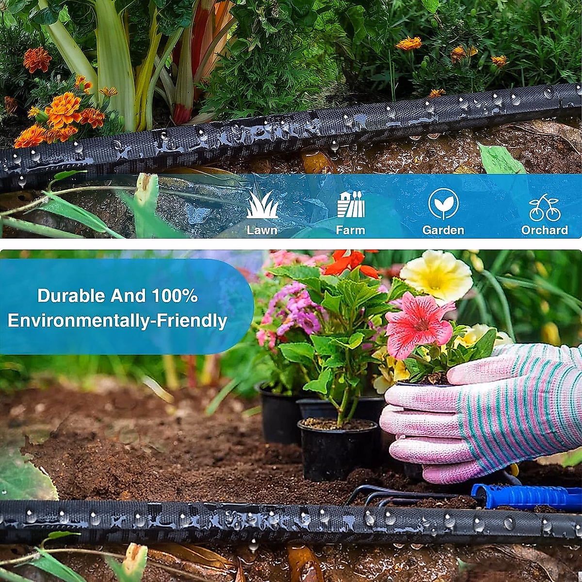 Flat Garden Soaker hose 50ft,Drip irrigation hose for garden beds,water hose with holes for flower beds,Saves 80% water.