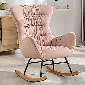 NIOIIKIT Nursery Rocking Chair, Velvet Upholstered Glider Rocker, Rocking Accent Chair with High Backrest, Comfy Rocking Accent Armchair for Living Room, Bedroom, Offices (Pink Velvet)
