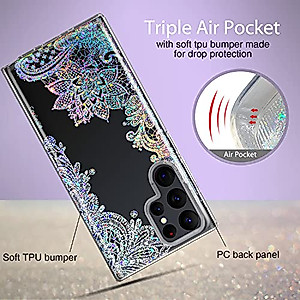 Coolwee Clear Glitter for Galaxy S22 Ultra - 6.8" Thin Flower Slim Cute Crystal Lace Bling Women Girl Floral Plastic Hard Back Soft TPU Bumper Protective Cover for Samsung S22 Ultra Mandala Henna