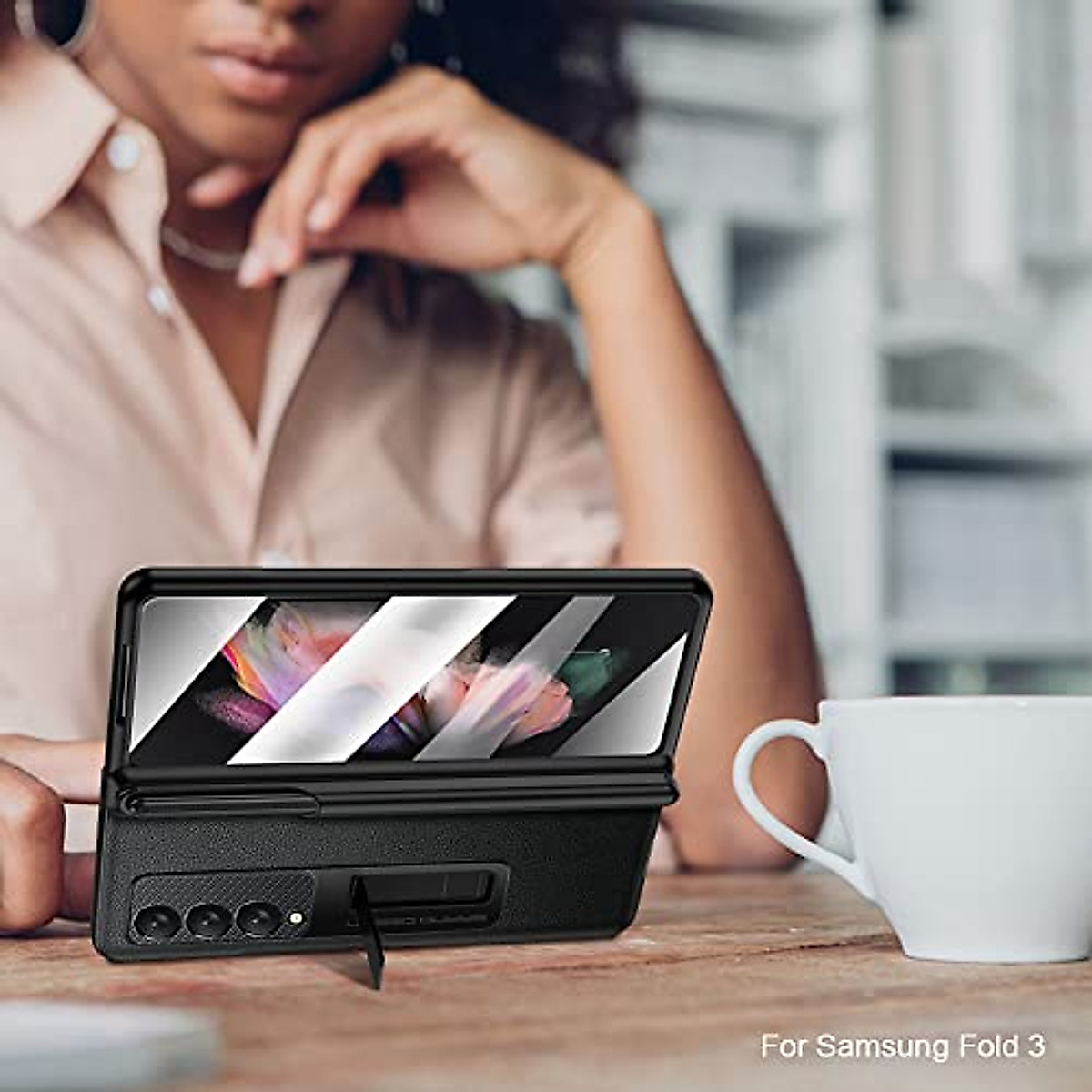 for Samsung Galaxy Z Fold 3 Case with S Pen Holder & Hinge Protection & Kickstand, Built-in Screen & Camera Lens Protection, Non-Slip Durable Leather Cover for Samsung Fold 3 5G 2021