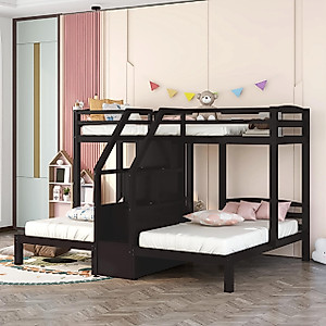 Harper & Bright Designs Triple Bunk Bed with Stairs, Twin Bunk Beds for 3, Wooden Bunk Bed with Built-in Staircase and Little Drawer for Kids Teens Adults, Espresso