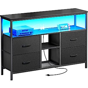 Huuger TV Stand Dresser with Power Outlets and LED Lights, 4 Drawers Entertainment Center with Open Shelf, Media Console for 50 43 Inch TV, Dresser with PU Finish, Black