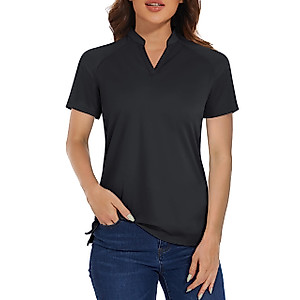 MAGCOMSEN Women's Polo Shirts Short Sleeve Sun Protection Collarless Workout Tops Moisture Wicking T-Shirts Black XL