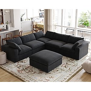 Cloud Modular Sectional Sofa for Livingroom,Large Down Filled Comfort Corner Sectional Sofa Couch with Ottoman,Wide Deep Seat Convertible Couches for Office Apartment,V Shaped,Black