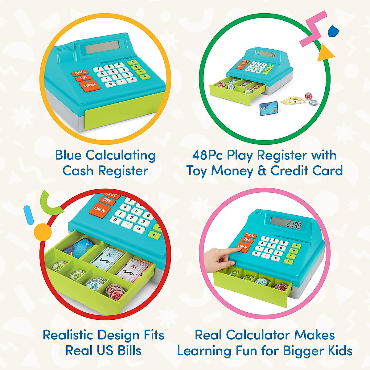 Battat – Toy Cash Register For Kids, Toddlers – 48Pc Play Register With Toy Money, Credit Card – Blue Calculating Cash Register – Pretend Play Toy – 3 Years + – Blue Calculating Cash Register