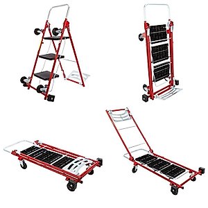 Kerry Kart 4-in-1 Rolling Utility Cart, Trolley and Moving Dolly with Folding 3-Step Ladder – Move Boxes, Furniture and Appliances with 1 Foldable Cart and Step Stool (Red)