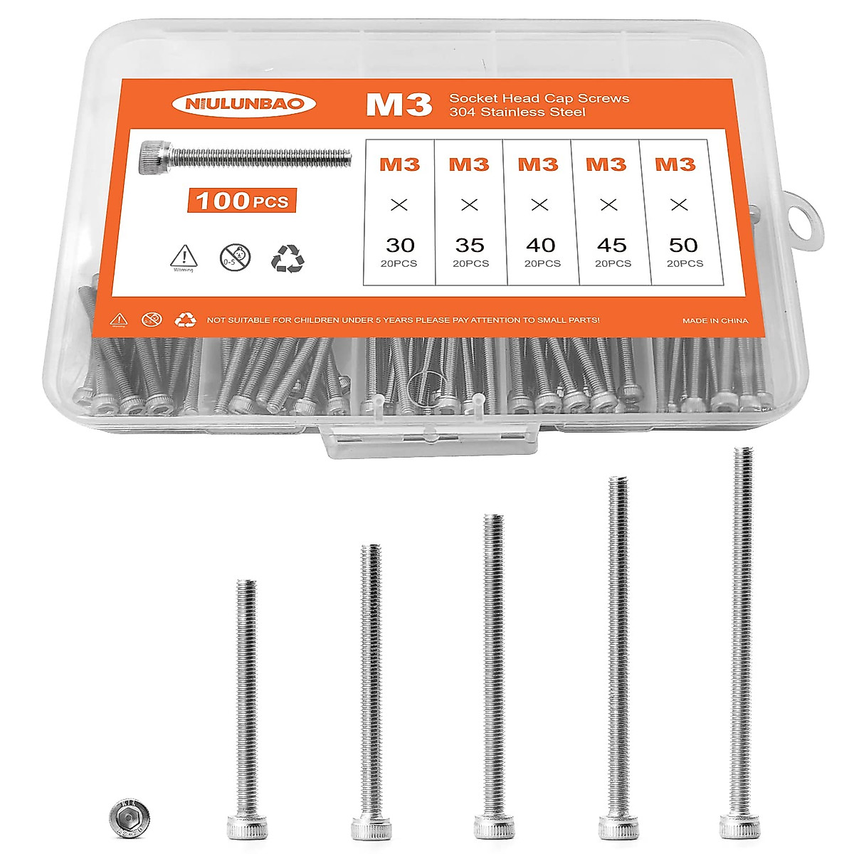 NIULUNBAO M3 x 30mm 35mm 40mm 45mm 50mm Hex Socket Head Cap Screws Bolts, 304 Stainless Steel, Metric Machine Fully Threaded, Bright Finish, Allen Hex Drive, Assortment Kit 100PCS