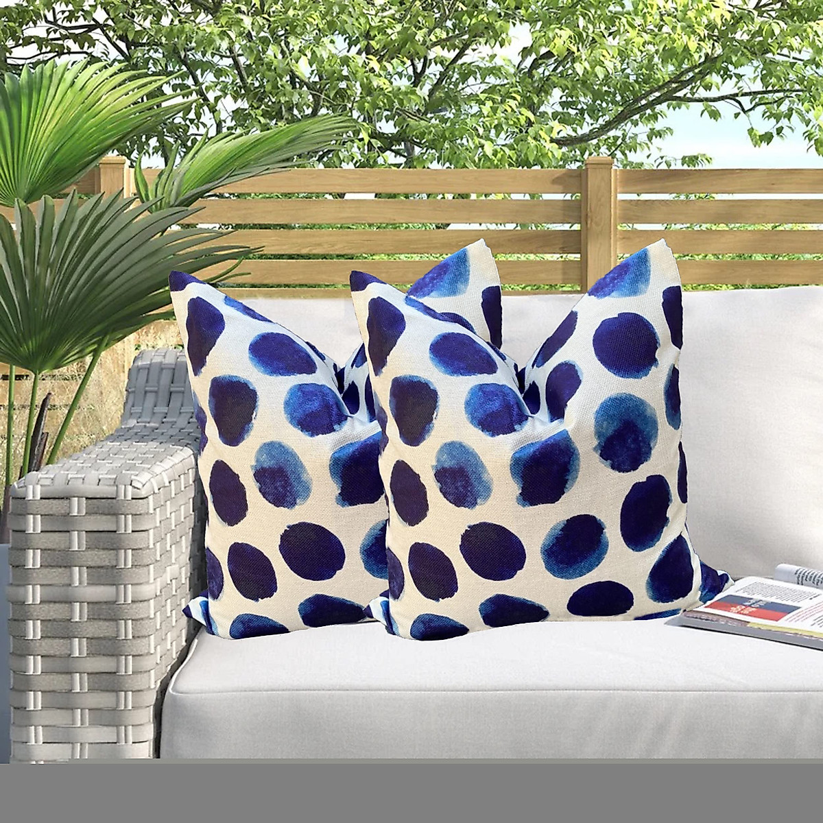 Pack of 2 Outdoor Blue Dots Waterproof Throw Pillow Covers Decorative Double-Sides Pillows Case Square Cotton Cushion Case for Sofa Patio Tent Couch Sunbrella Christmas Home Decoration 18 x 18 Inch