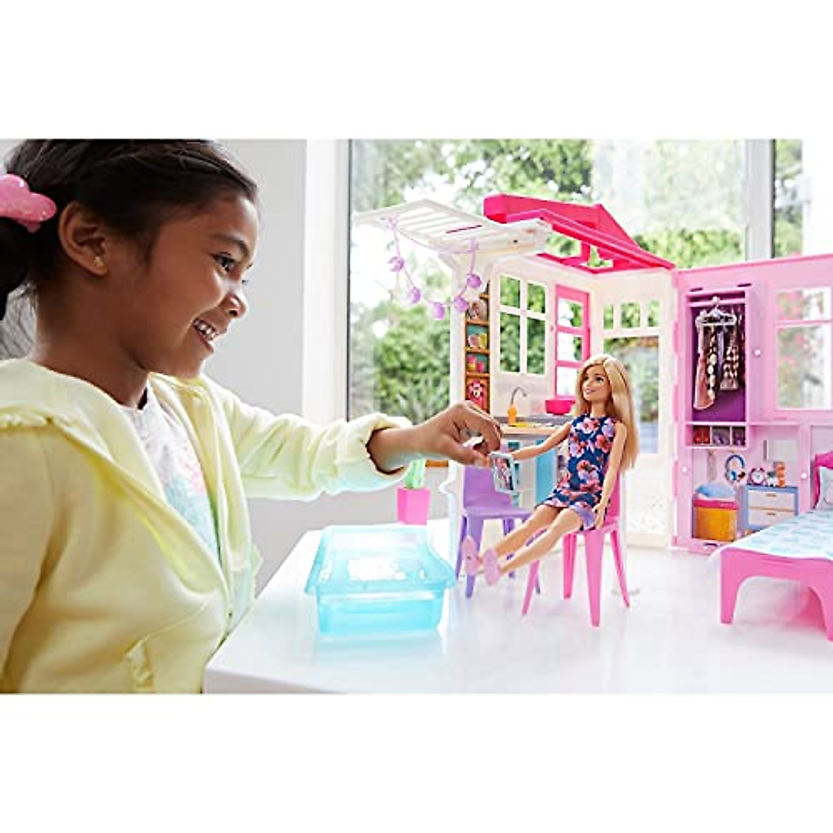 Barbie Doll and Dollhouse, Portable 1-Story Playset with Pool