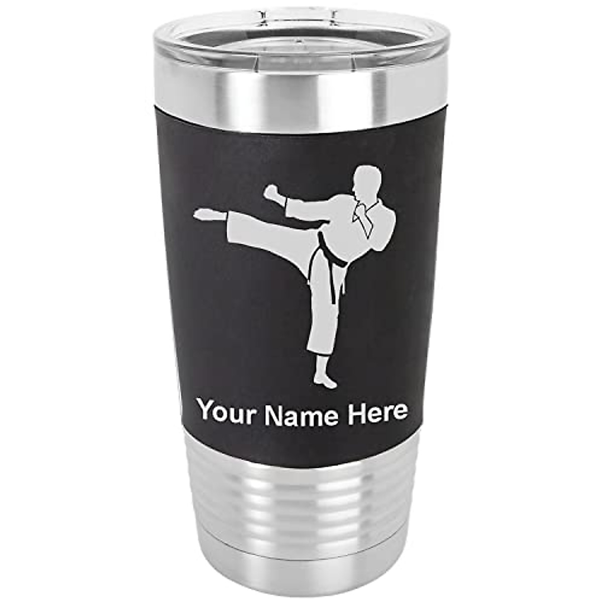 LaserGram 20oz Vacuum Insulated Tumbler Mug, Karate Man, Personalized Engraving Included (Silicone Grip, Black)