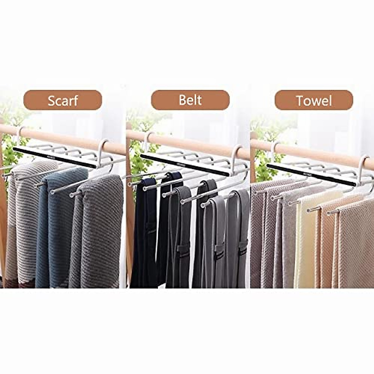 WudTus Pants Hangers Space Saving,2 Pack Closet Clothes Storage Organizer Clothes Hanger,6 Tier Non Slip Folding Stainless Steel Pants Skirt Magic Hangers for Scarf Jeans Trousers Ties Towels Leggings