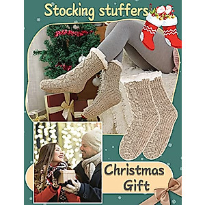 Fuzzy Slipper Socks for Women Fluffy Cozy Cabin Fleece Winter Warm Plush Home Thick Comfy Grips Non Slip Socks Christmas Gift Stocking Stuffer（Knit- Beige）