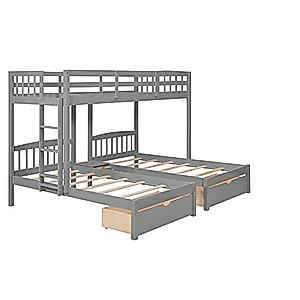 DEYOBED Twin Over Twin & Twin Wooden Triple Bed Bunk Bed with Integrated Middle Drawer Storage - Stylish and Functional Sleep Arrangement for Kids, Teens, Adults