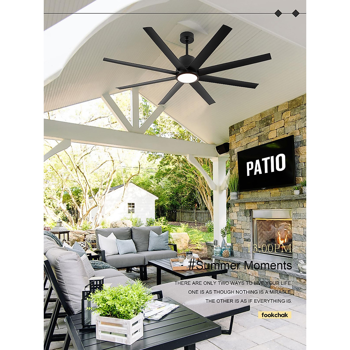 FookChak 65in Black Large Ceiling Fan with Lights 8-Blade Remote Control Outdoor Fan Light for Patio Large LED Ceiling Fan Light for Garage Gym Room Living Room