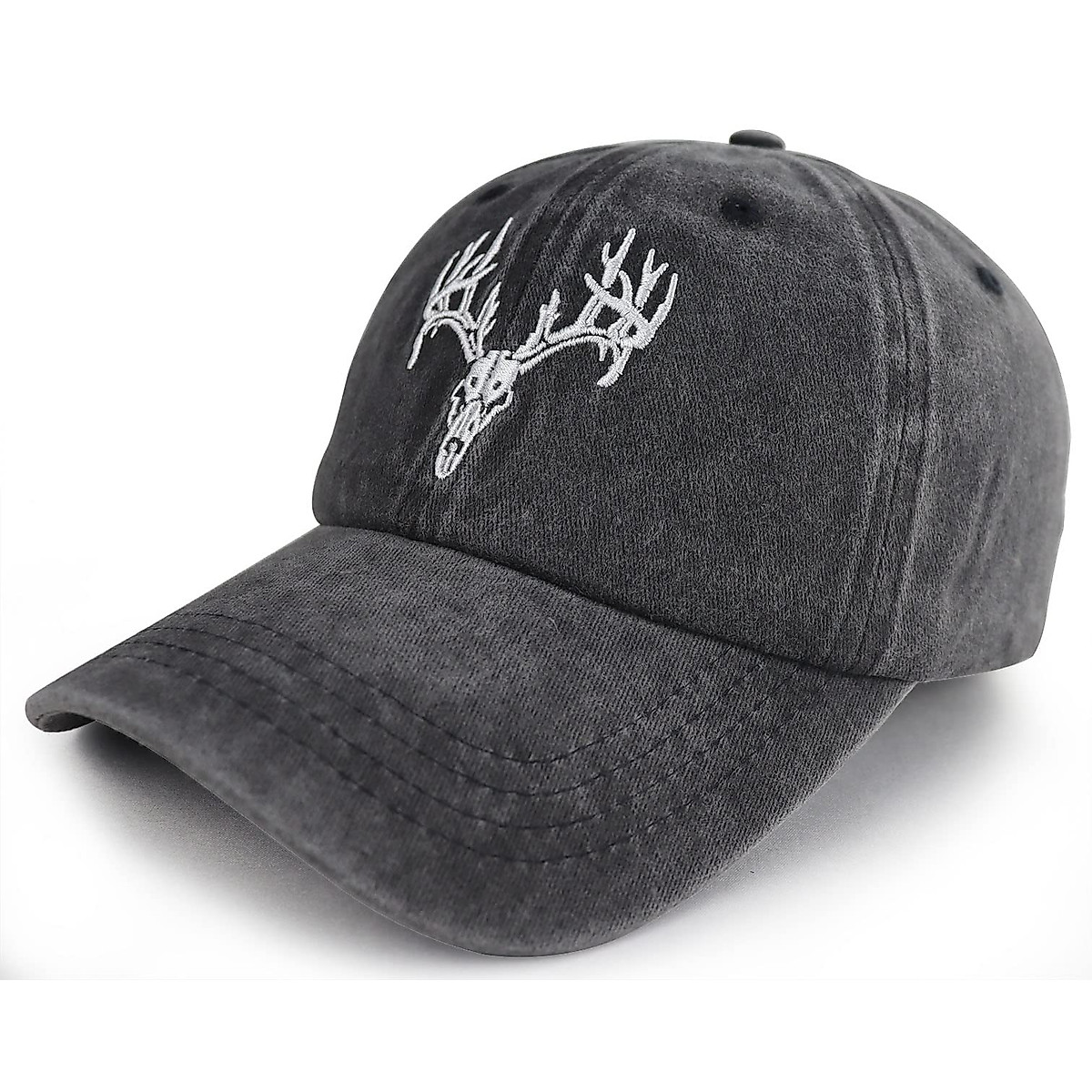 Deer Hunting Accessories Hats for Men Women, Funny Embroidered Halloween Deer Skull Head Antler Baseball Cap, Adjustable Washed Elk Reindeer Decor Hat, Gifts for Friends Wild Animal Lover Hunter