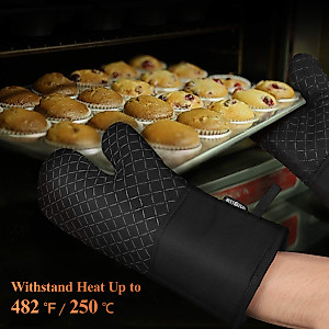 BESTONZON 4PCS Heat Resistant Oven Mitts and Pot Holders, Soft Cotton Lining with Non-Slip Surface for Safe BBQ Cooking Baking Grilling (Black)