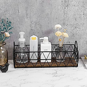 MyGift 16 Inch Deluxe Black Metal Toilet Tank Tray with Geometric Wire Design and Burnt Wood Base, Bathroom Vanity Toiletry Storage Organizer Tray with Handles