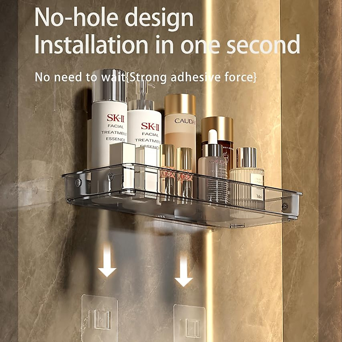 zeochyni Adhesive Shower Caddy Shelf, 2 Tier Floating Shelves for Bathroom Organizer & Wall Storage Home Decor, No Drilling Hang Walls Adhesive Shelf or Bathroom Counter Organizer (Clear)