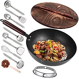 Leidawn 12.8" Carbon Steel Wok - 11Pcs Woks and Stir Fry Pans with Wooden Handle and Lid,10 Cookware Accessories,For Electric,Induction and Gas Stoves