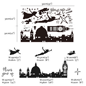 Runtoo Never Grow Up Nursery Wall Decals Quotes Big Ben Cityscape Wall Stickers for Kids Room Baby Bedroom Wall Decor