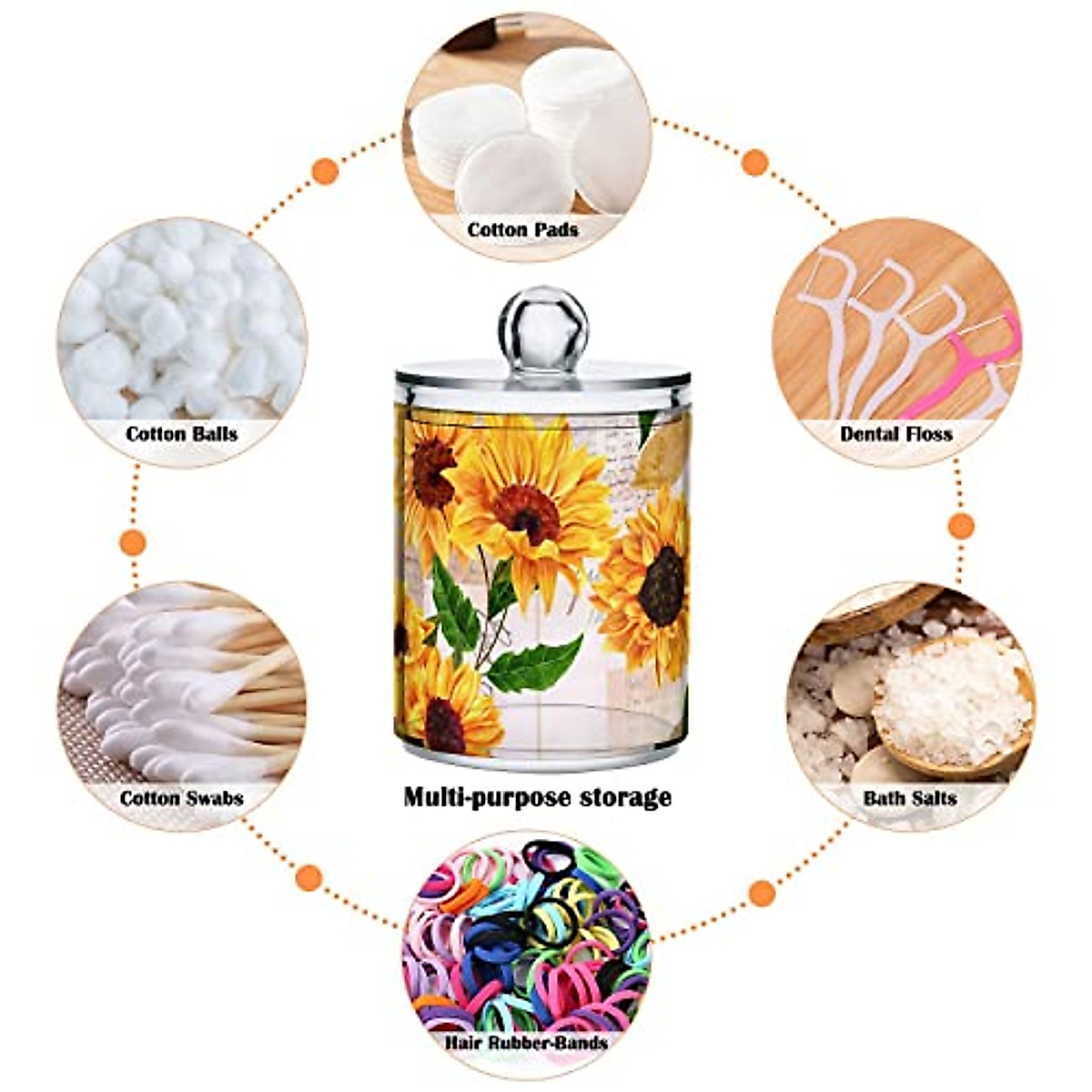 JUMBEAR 2 Pack Sunflower Qtip Holder Dispenser with Lid, 14 oz Clear Plastic Apothecary Jar Set for Bathroom Vanity Organizers Storage Containers