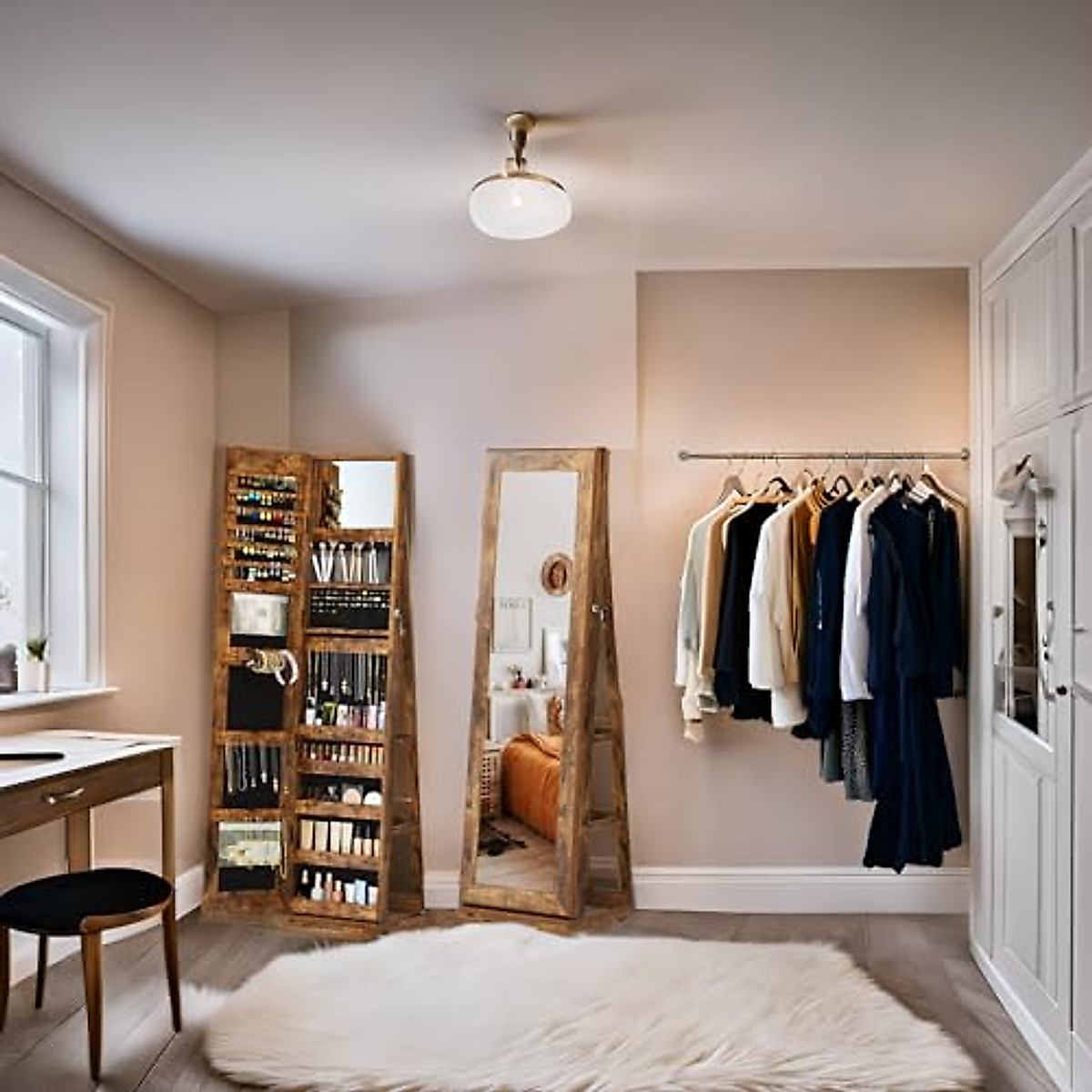 SDHYL Mirror Jewelry Cabinet Standing, 360° Swivel Mirror with Storage Full Length with Jewelry Storage,Jewelry Organizers and Storage Makeup Storage with Lock, Best Gift for Wife & Girls, 63"x15"