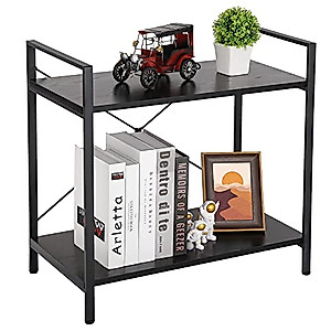 Nouva Small Bookshelf for Small Space 2 Tier Industrial Bookcase Wood and Metal Bookshelves Open Shelf for Bedroom, Living Room, Office, Kitchen, Dark Gray Oak