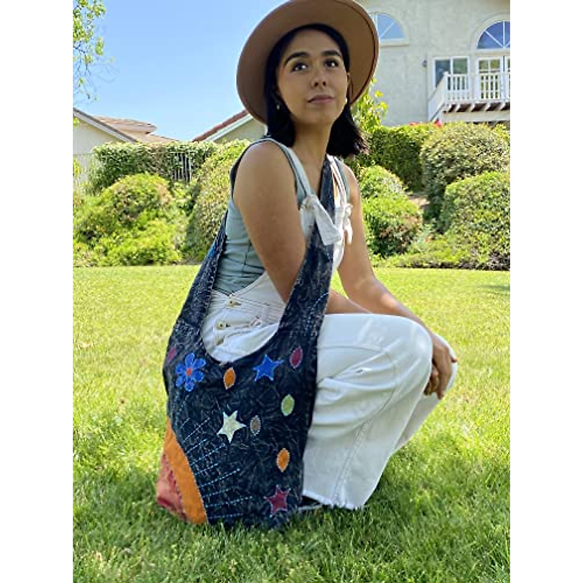 Elements of Nature Bohemian Hand-Stitched Hippie Hippy Shoulder Crossbody Monk Handbag in Black Large