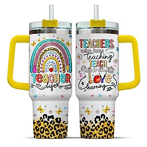 99WHALE Pack Butterfly Teachers Black Handle Funny For Women Coffee Straws Cups Music Pencil Daisy, Teacher Gifts, Tumbler 40 Oz With Handle Lid And Straw, Teacher Rainbow Color Leopard