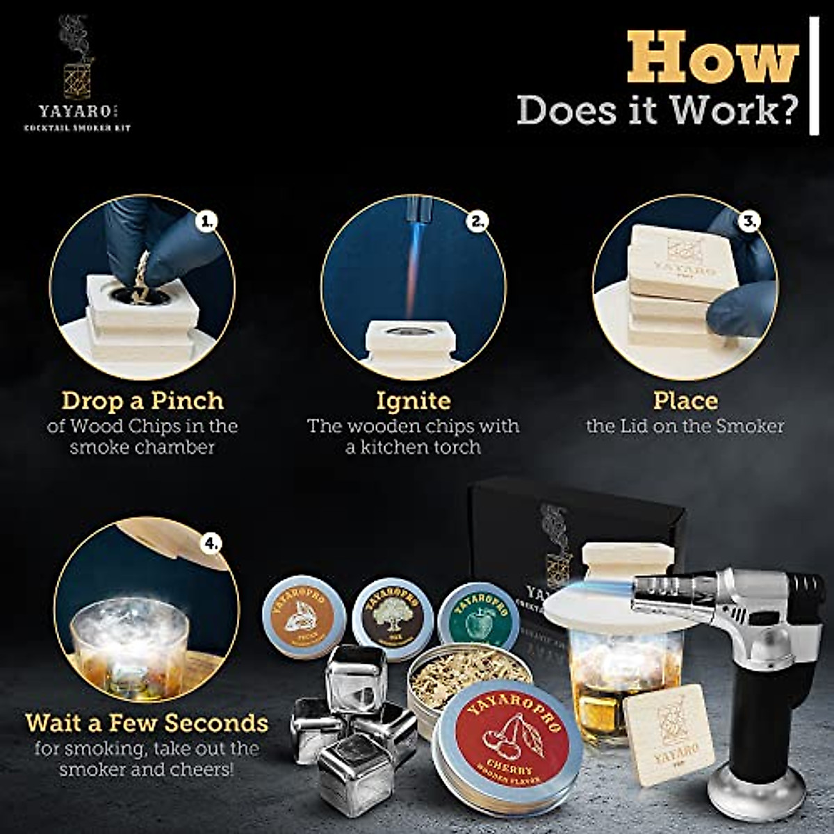 Cocktail Smoker Kit with Torch, Whiskey Stones, Bourbon Smoker Kit for Cocktail & Drinks, 4 Flavors Wood Chips. Whiskey Smoker Infuser Kit with Silicon Gasket for Bartender & Home Bar Accessories