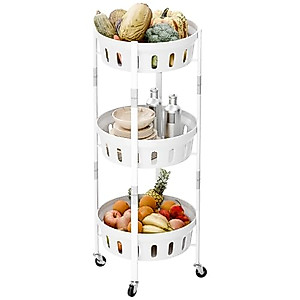 TOLUON Foldable Kitchen Storage Rack with Universal Wheels, 3 Tiers Large Capacity Smooth Sliding Vegetable Basket, Sturdy Construction No Installation Sundries Storage Shelf for Dorm Office White
