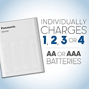 Eneloop Panasonic K-KJ87MCA4BA Individual Battery Charger with Portable Charging Technology and 4AA Rechargeable Batteries, White