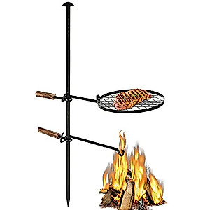 OKL Adjustable Swivel Campfire Grill Grate, Portable Heavy Duty Steel Go Open Fire Cooking Camping Grill Barbecue with Water Bottle Support Frame for Griddle Plate BBQ (18 Inch)