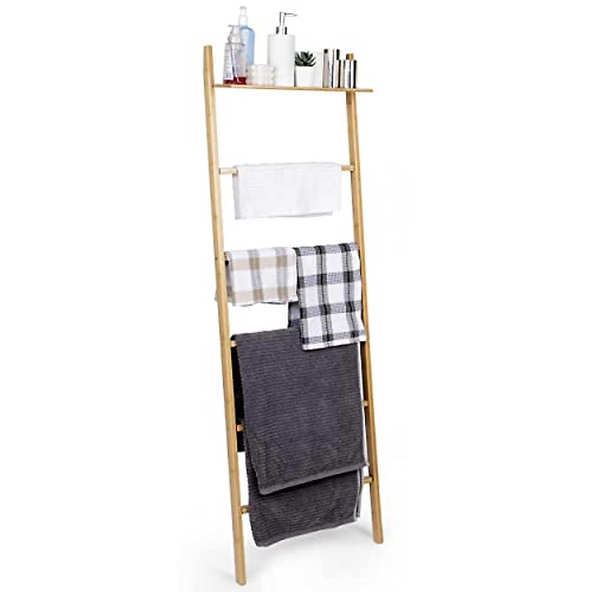 Happy House Habits Blanket Ladder, 5-Tier Towel Rack, Wall-Leaning Blanket Rack, Decorative Display Ladder Shelf, Living Room, Bedroom, Durable Decorative Ladder for Blankets with Additional Shelf