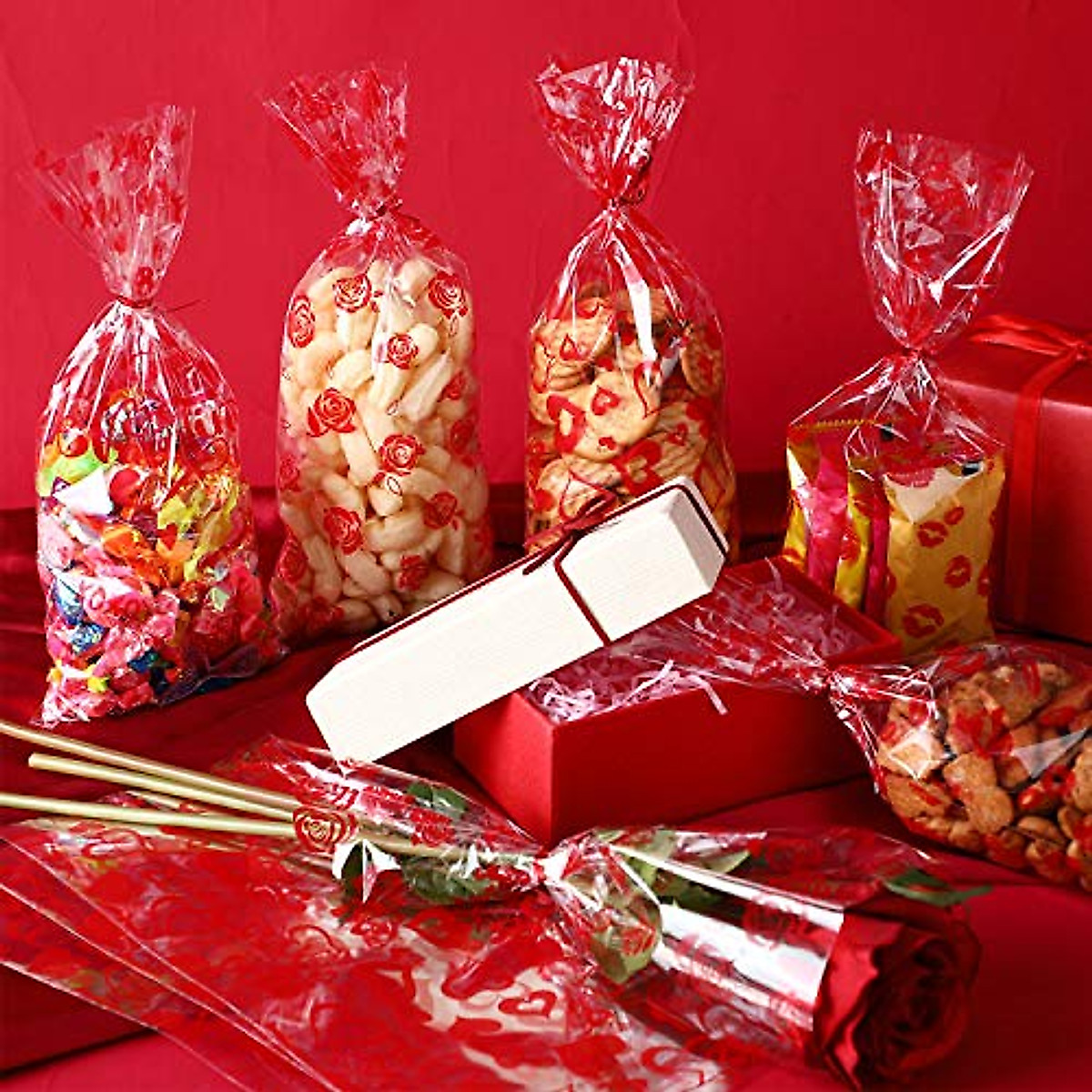 120 Pieces Valentine Cellophane Bags Valentine Gift Bags Valentine Treat Bags Goodies Bags with 150 Pieces Twist Ties for Valentine Party Favor Supplies