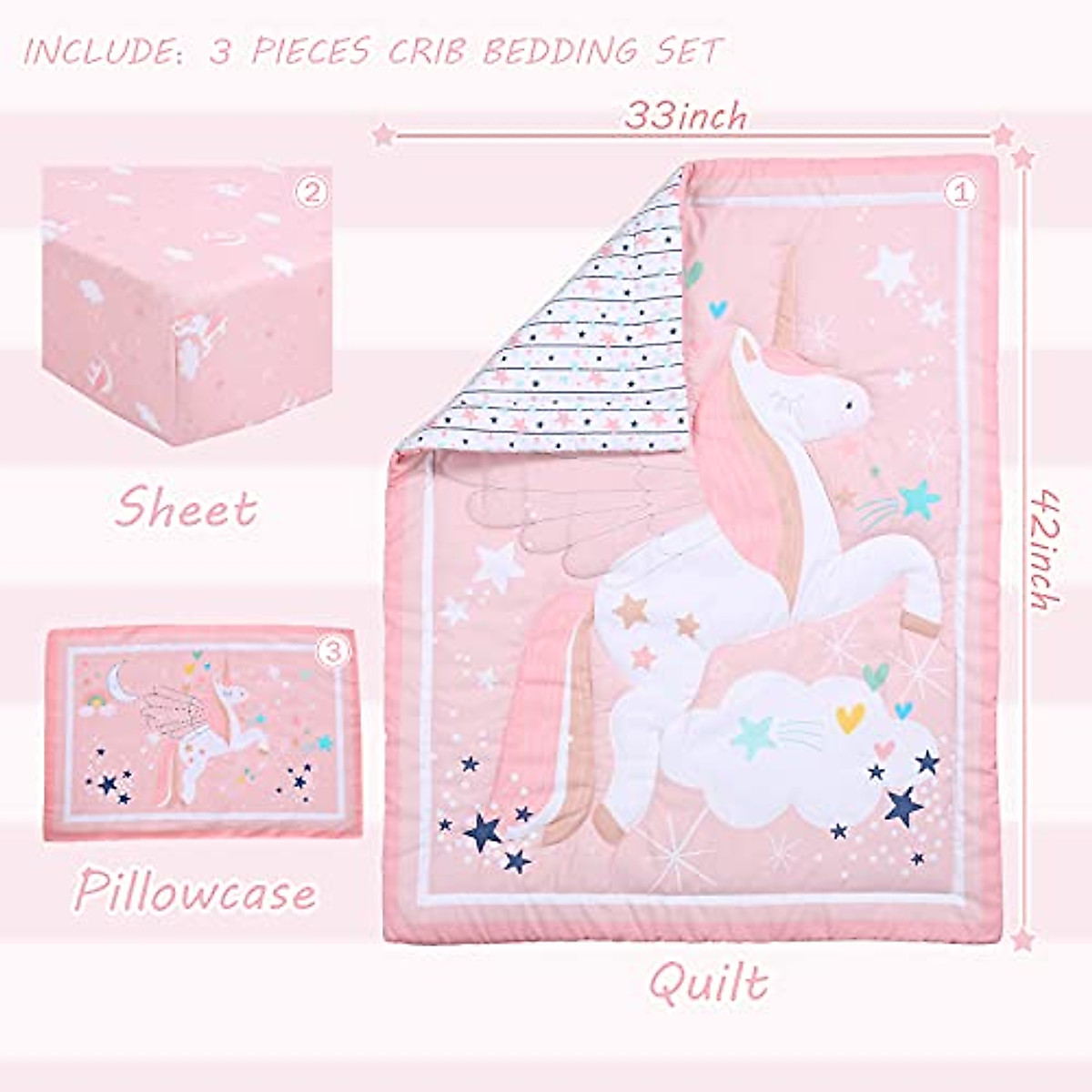 UOMNY Crib Bedding Set for Girls - Pink Baby Nursery Bedding Sets 3 Pieces Crib Quilt Comforter Fitted Crib Sheet Toddler Pillowcase Soft Star Baby Bedding Set