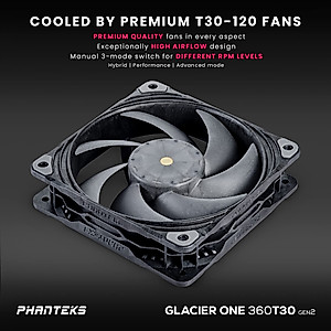 Phanteks (PH-GO360T30_DAG02) Glacier One 360T30 Gen 2 D-RGB AIO Liquid CPU Cooler, 360mm Radiator, Infinity Mirror Pump Cap Design, Aluminum Covers, 3X T30-120 Premium High-Performance Fans, Black