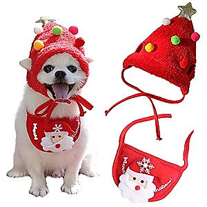 BONICI 2 Pcs-Super Cute Funny Kawaii Dog Puppy Christmas Suit Hat+ Saliva Towel Tissue, Dog Christmas Costume Pet Santa Outfit Santa Reindeer Deer Christmas Green Tree Snowman -Red Hat (S)