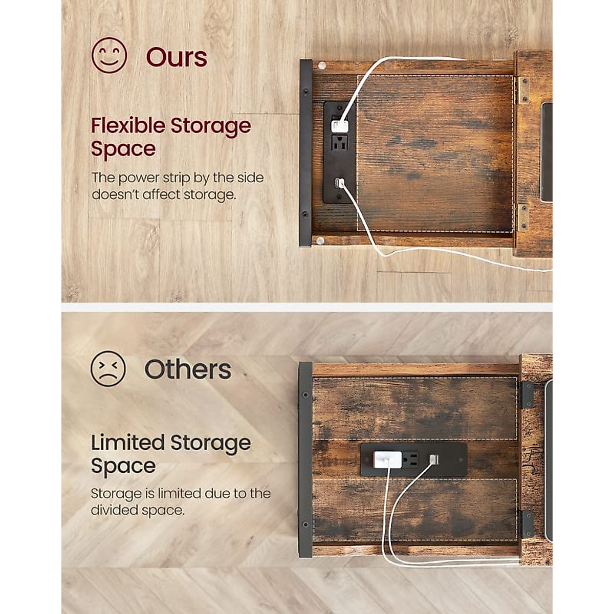 VASAGLE Side Table with Storage, End Table with USB Ports and Outlets, Nightstand with Charging Station, Fabric Bags, for Living Room, Bedroom, Rustic Brown and Black ULET310B01V1