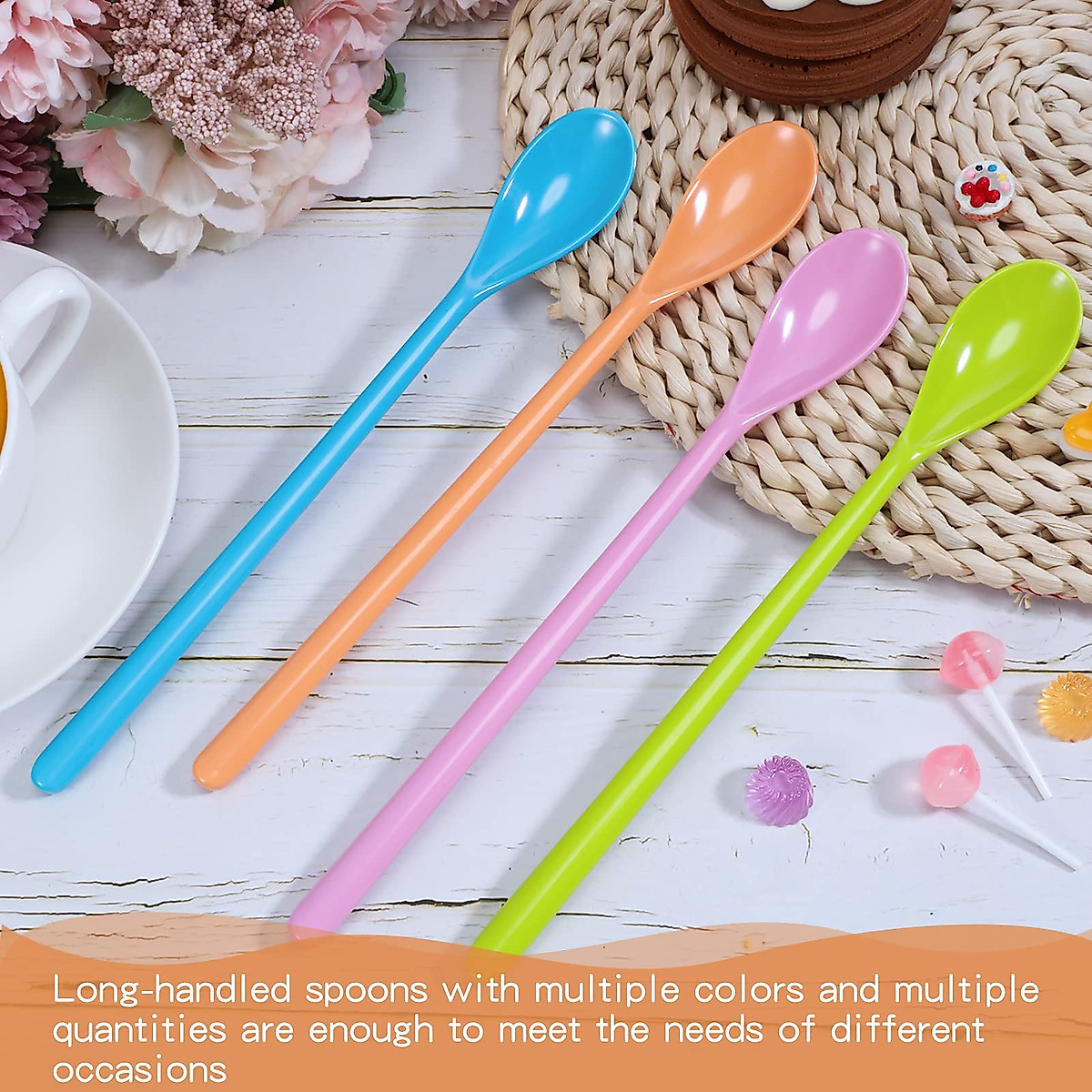 Lallisa 8 Pcs Iced Tea Spoons Long Plastic Ice Handle Spoon Colorful Teaspoons 8.9" Coffee Stirring Spoons Long Handle Spoon Long Teaspoons for Mixing Ice Cream Honey Sundae Hot Chocolate Cocktail