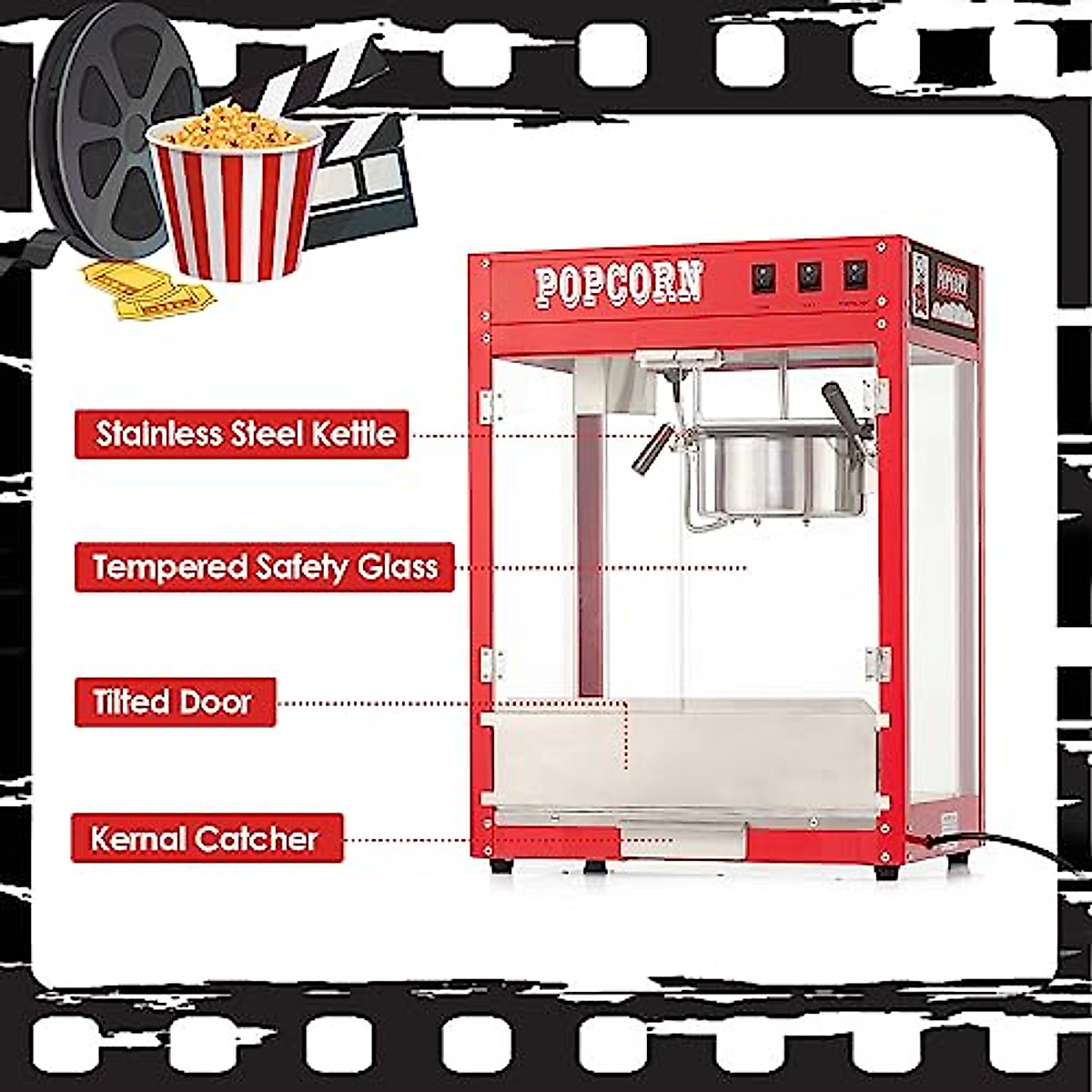 Garvee Commercial Popcorn Machine - Electric Extra Large Popcorn Popper Machine 8 oz Kettle, Popper Popcorn Maker for 60 Cups for Batch,Movie Theater Poppers Machine with 10 PACK Popcorn Buckets