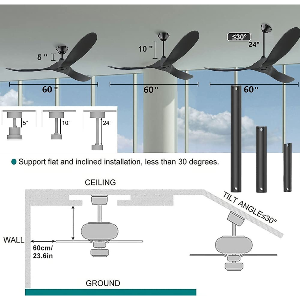 WZHESS 60 inch Black Ceiling Fan without Light, Outdoor Patio Fans for Outside, Large Modern Ceiling Fan with 3 Wood Blades, Quiet DC Motor for Living Room Bedroom Farmhouse(Black, 60inch)