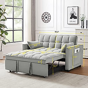 DHHU 52" Sleeper Couch Convertible Sofa Bed, 3 in 1 Velvet Loveseat Pull Out Bed, Reversible Couch with Toss Pillows and Pockets, 2-Seat Adjustable Backrest Full Size Sofa for Living Room Furniture