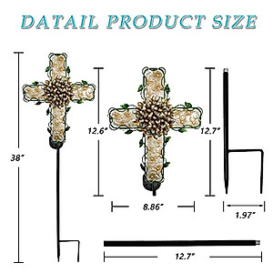 JOYBee 38Inch Cross Solar Garden Lights Outdoor Decorative-Solar Metal&Glass Cross Apricot Hydrangea Flower Stake Lights- Waterproof 20 Warm White LEDs for Remembrance Gifts & Sympathy Gifts.