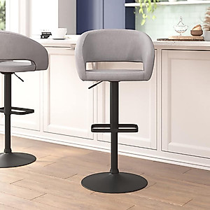 Flash Furniture Erik Comfortable & Stylish Contemporary Barstool with Rounded Mid-Back and Foot Rest, Adjustable Height - Gray Fabric with Black Base